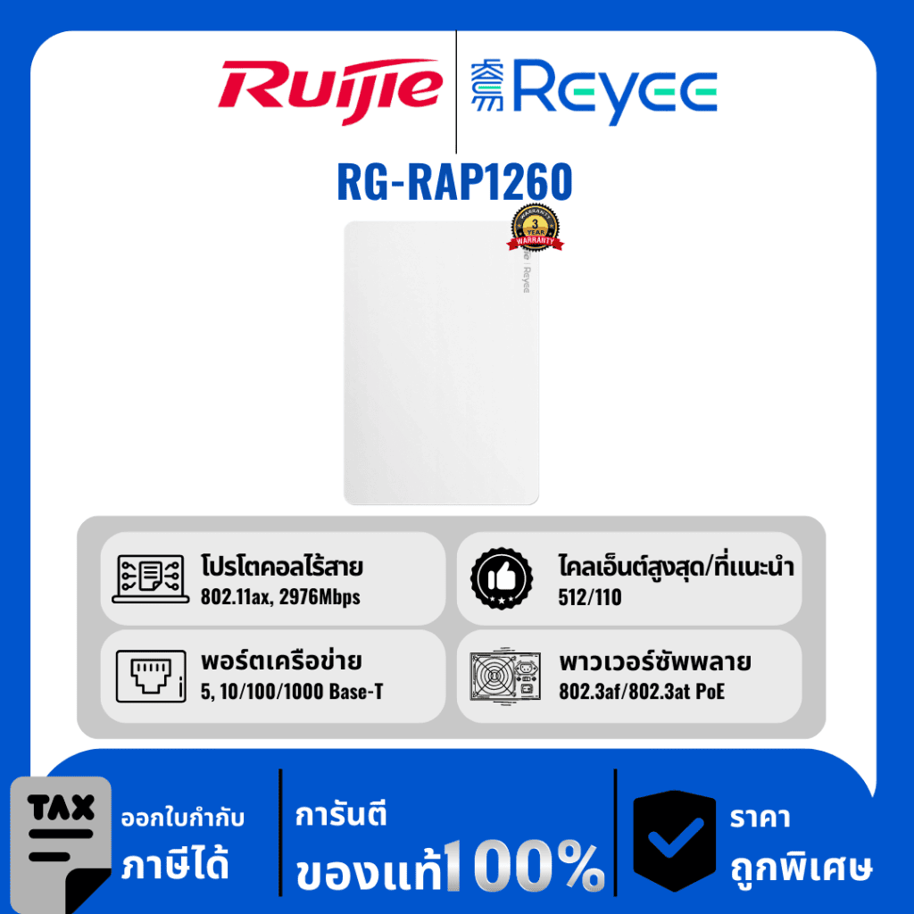 Ruijie / Reyee จุดเข้าใช้งานแผ่นผนังแบบดูอัลแบนด์ Wi-Fi 6 AX3000 รุ่น ...